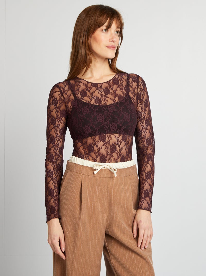 Body en dentelle manches longues - Bordeaux - Femme - 15.00€ - Kiabi
