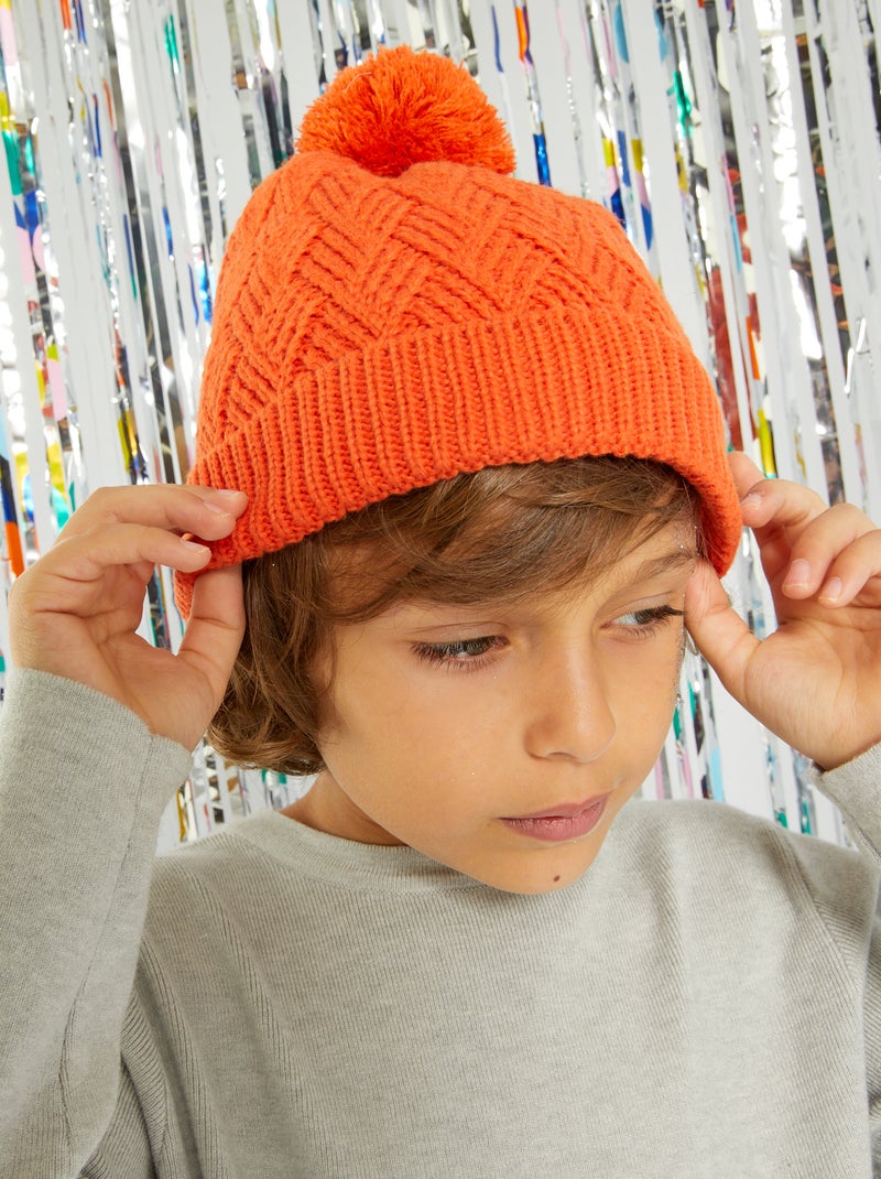 Bonnet en maille tressée avec pompon - ORANGE - 5.50€ - Kiabi