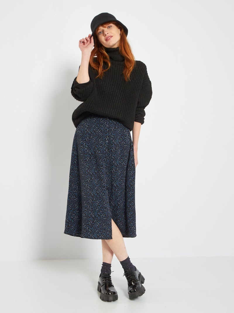 Halflange, gerende rok met bloemenprint - ZWART - Kiabi - 18.00€