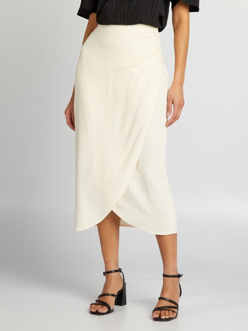 Halflange, linnen rok met overslag - WIT - Kiabi - 22.00€