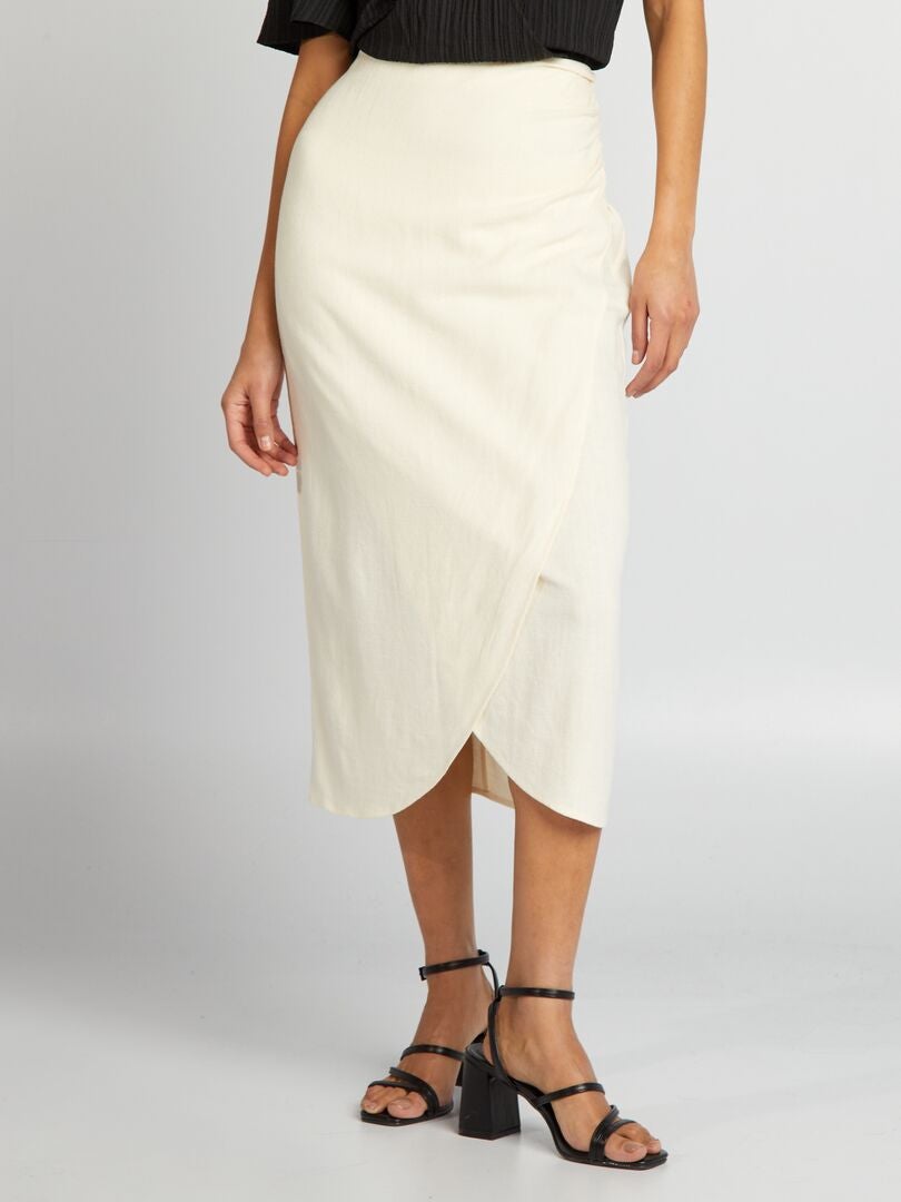 Halflange, linnen rok met overslag - WIT - Kiabi - 22.00€