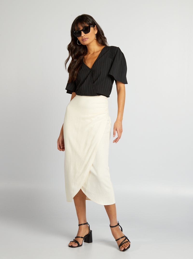 Halflange, linnen rok met overslag - WIT - Kiabi - 22.00€