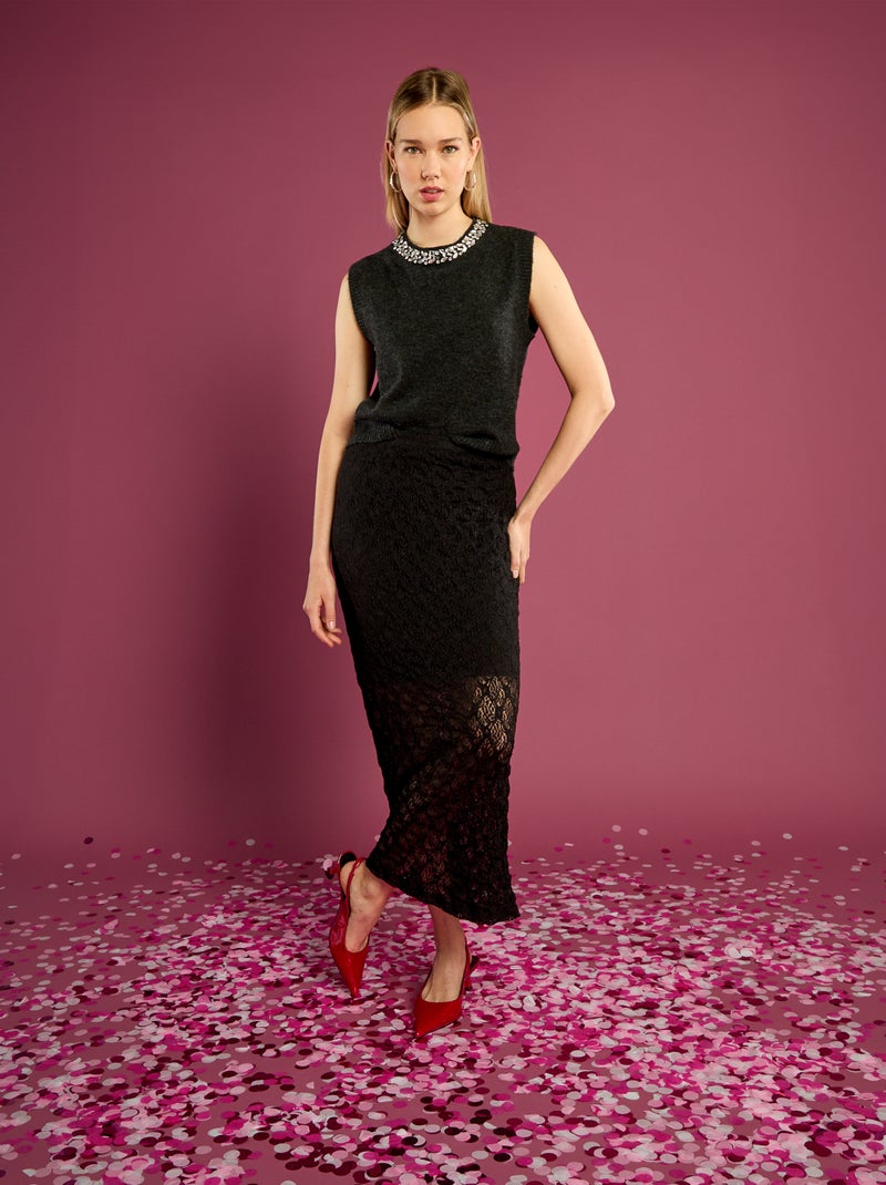 Jupe longue en dentelle - Noir - Femme - 18.00€ - Kiabi