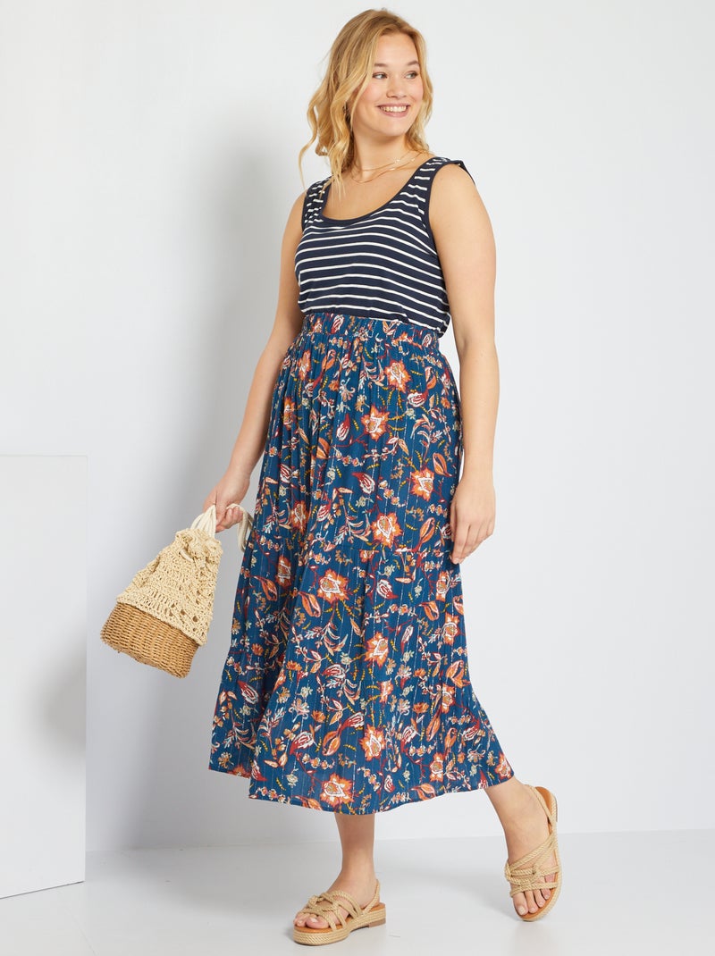 Jupe longue fleurie en crepon - Bleu - 18.00€ - Kiabi