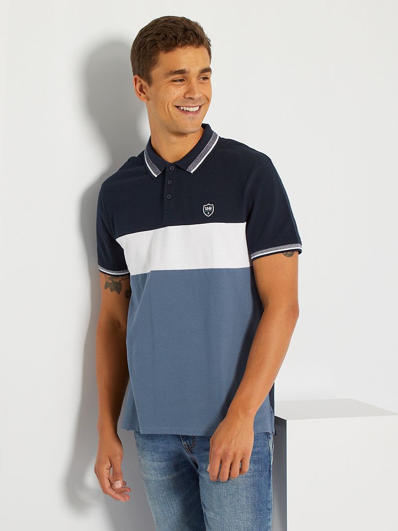 Polo color block logo brodé - bleu marine/blanc/gris - Kiabi - 12.00€