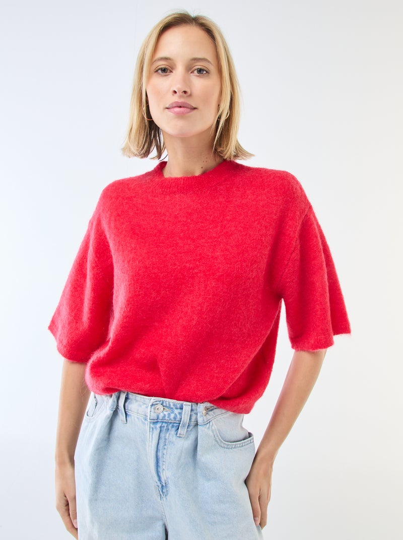 Pull manches courtes uni en mohair - Rouge - Femme - 25.00€ - Kiabi