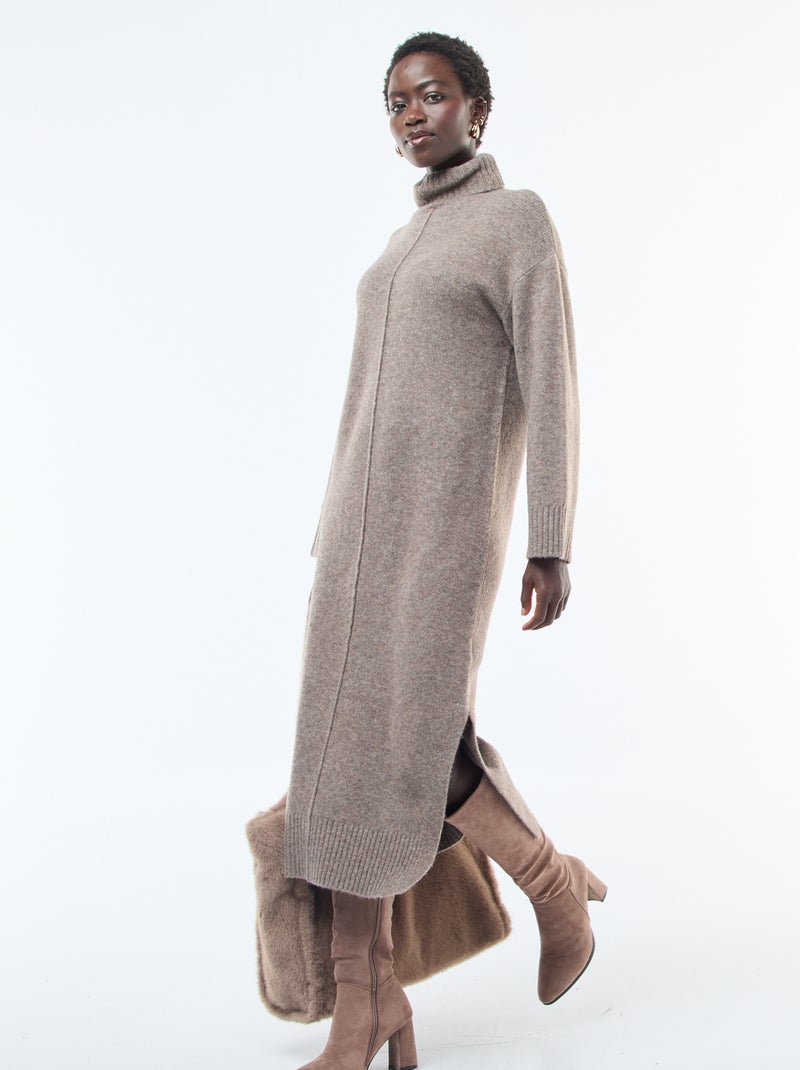 Robe longue col roulé en maille - Marron - Femme - 25.00€ - Kiabi