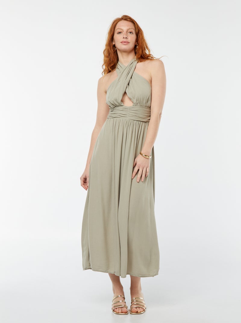 Robe longue fluide avec large décolleté - Kaki - Femme - 25.00€ - Kiabi