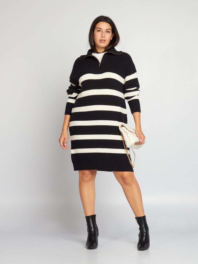Robe pull en maille col zippé - Noir/Blanc - Kiabi - 29.00€