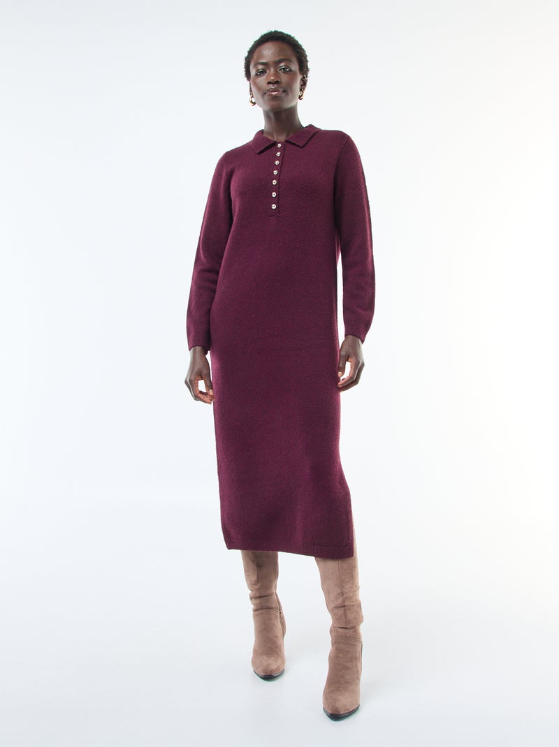 Robe pull longue avec col polo fantaisie - Rouge - Femme - 25.00€ - Kiabi