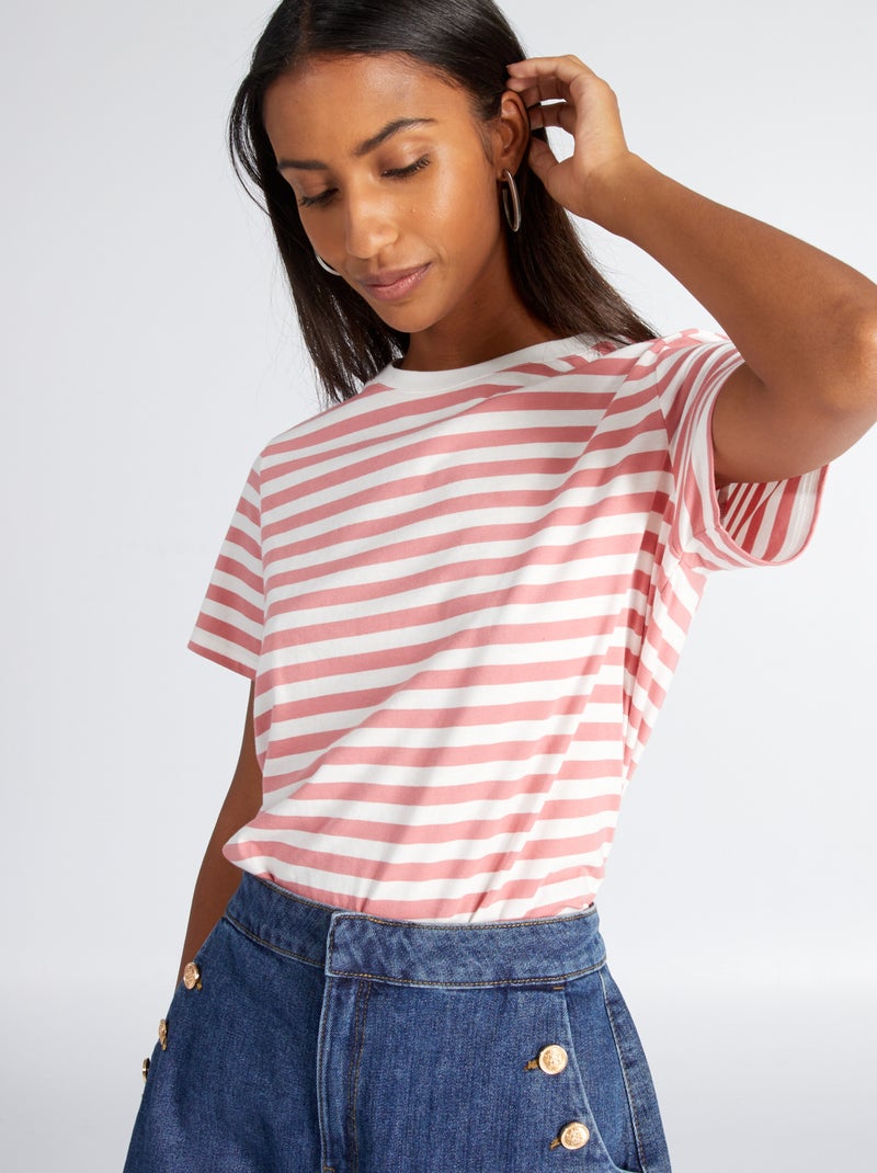Tee-shirt imprimé rayé - Rose - Kiabi - 6.00€
