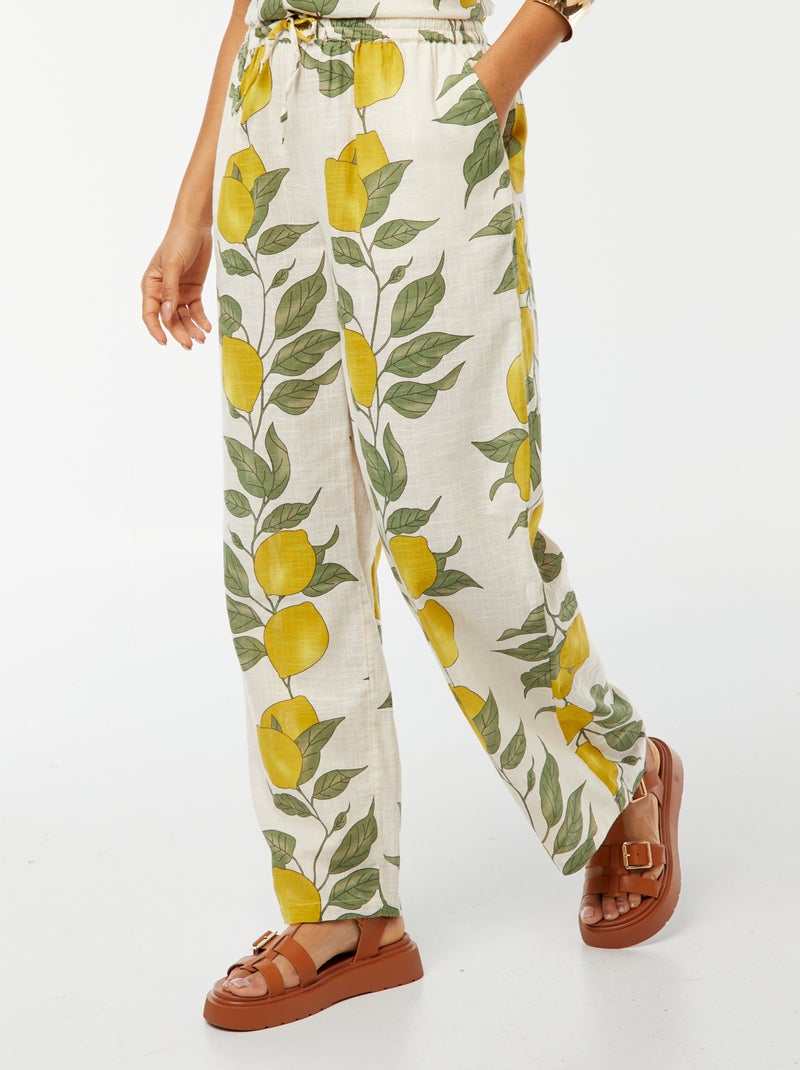 Wijde en soepelvallende broek met citroenprint - Biege - Dame - 20.00 ...